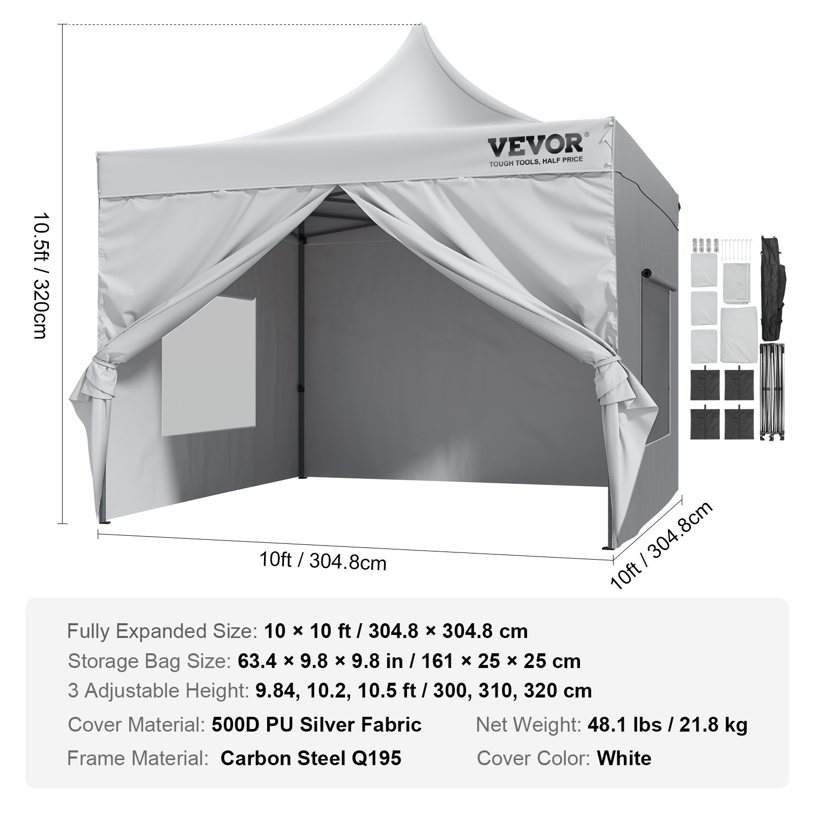 VEVOR Pavillon 304,8x304,8x320cm Gartenzelt 500D PU-Silber-Gewebe ...