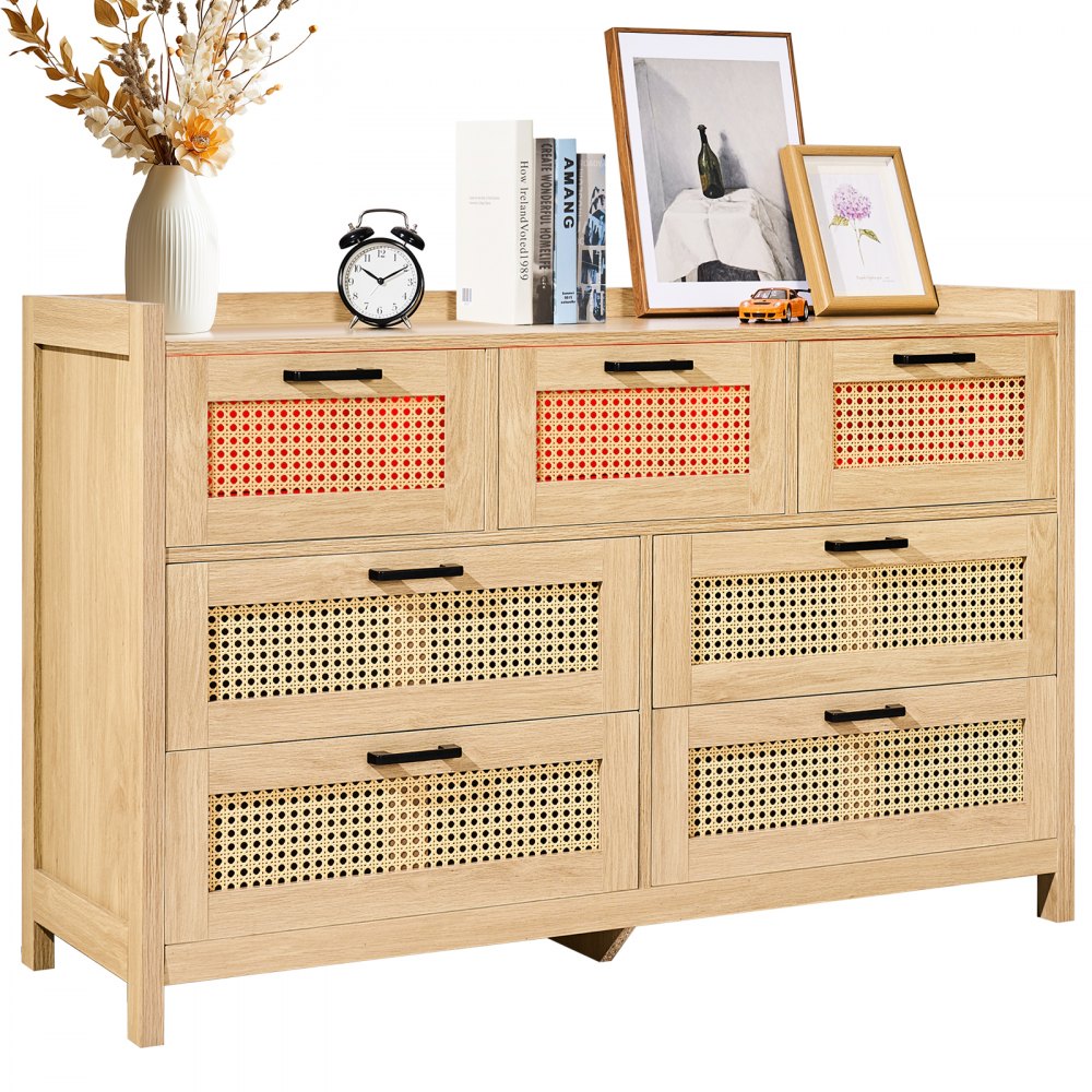 VEVOR Cómoda de Ratán Mueble de Salón con 7 Cajones Color de Madera Luz ...