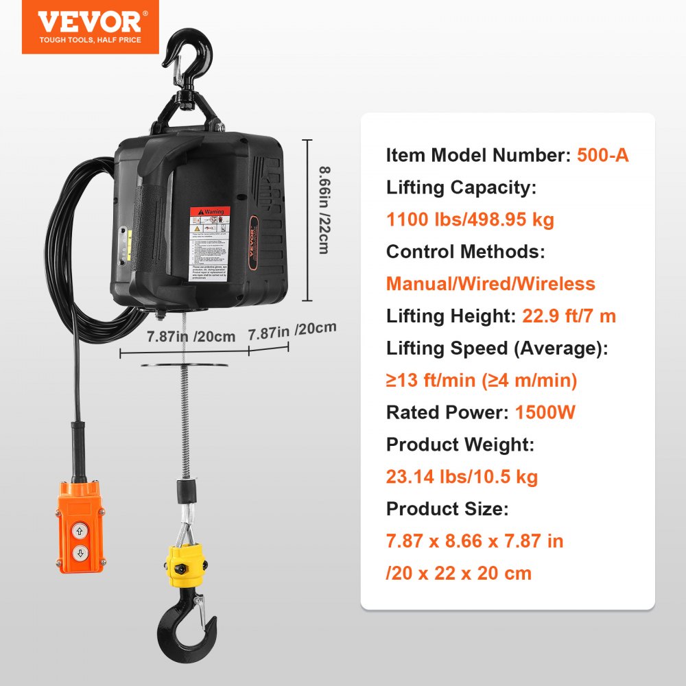 VEVOR Cabrestante eléctrico 3 en 1, grúa de cabrestante eléctrico portátil de 1100 lbs y 1500 W ...