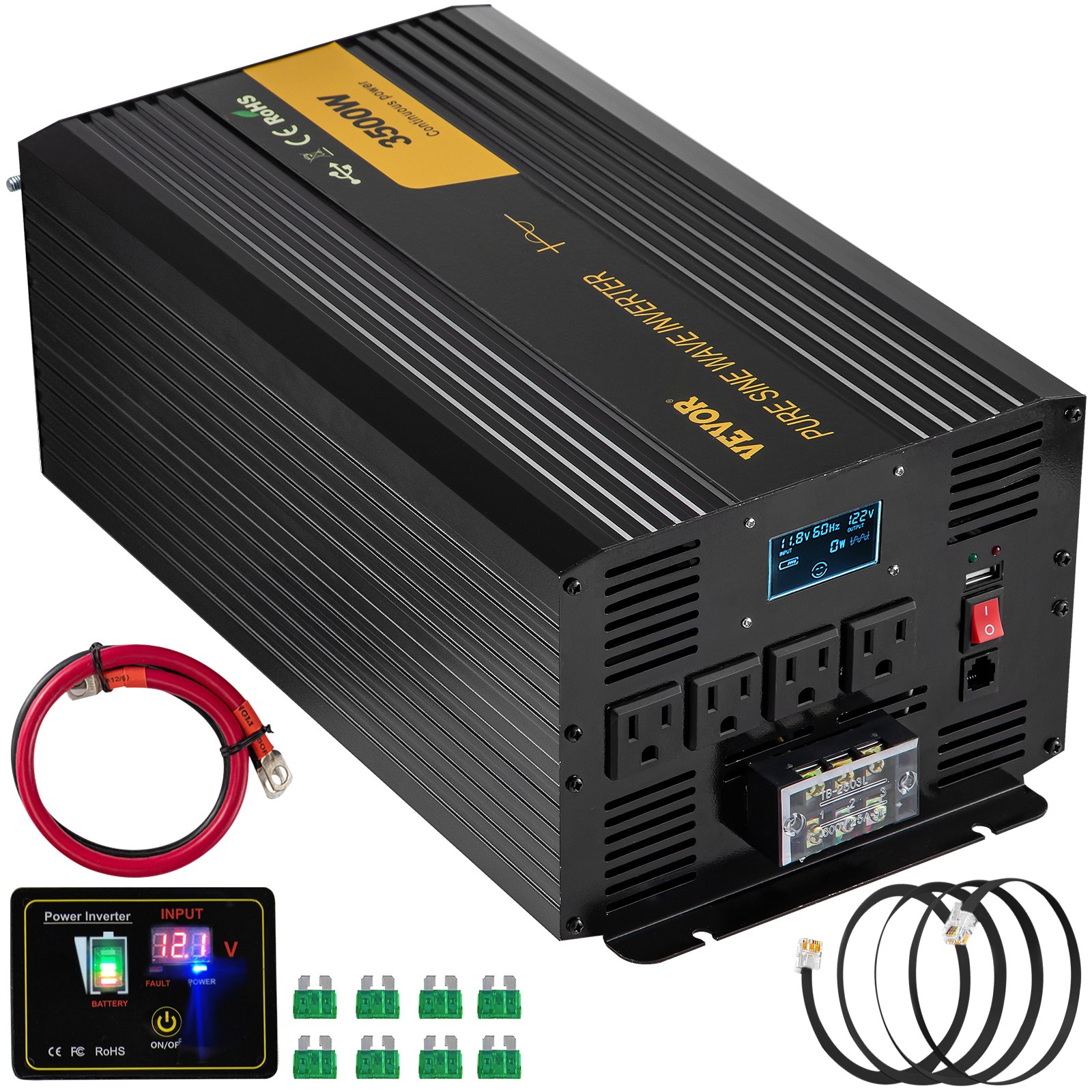 Inversor de energía de onda sinusoidal pura VEVOR 3500W DC12V a AC120V inversor LCD | VEVOR MX