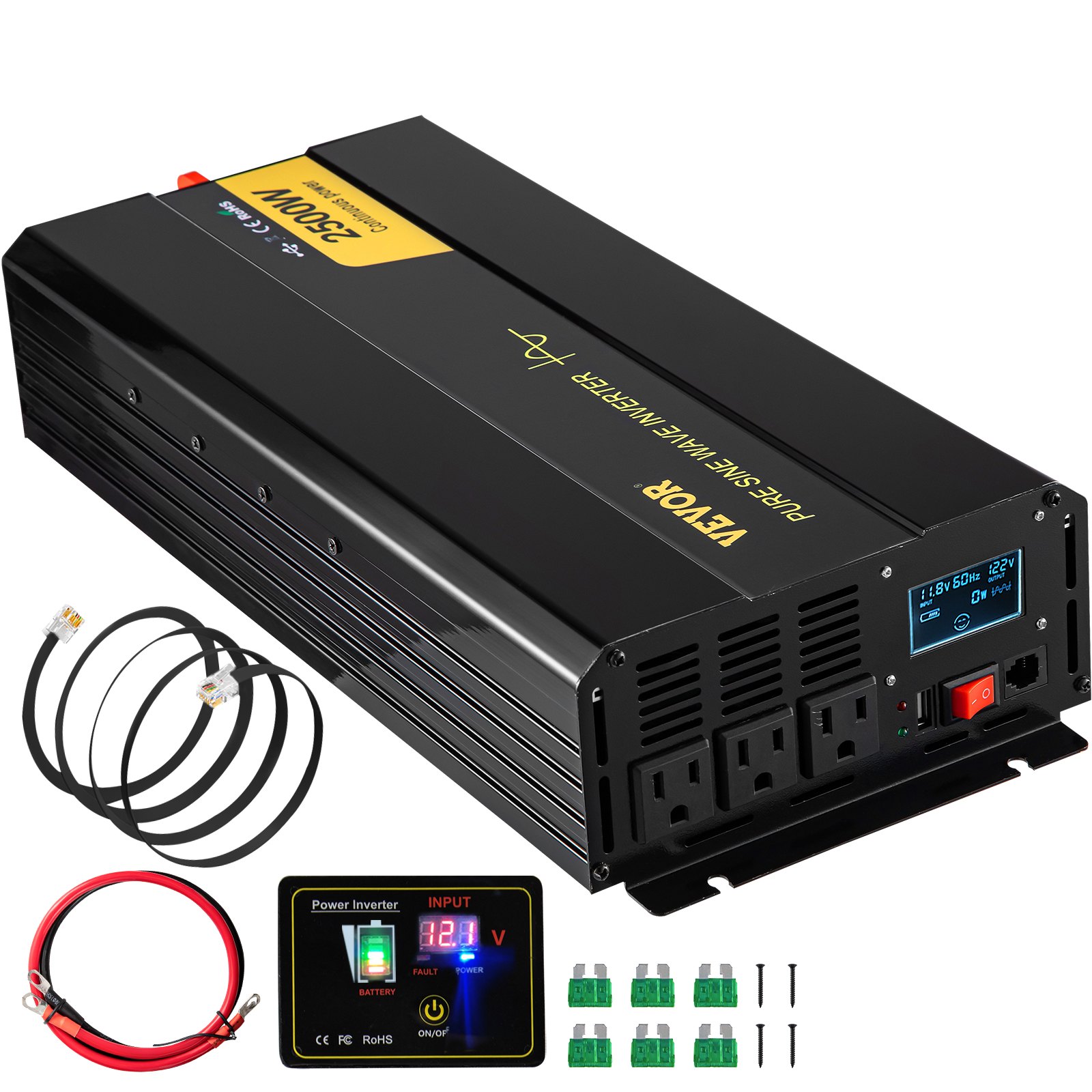 Tuspuzz Inversor de corriente de onda sinusoidal pura VEVOR 2500W DC12V a AC120V inversor LCD ...