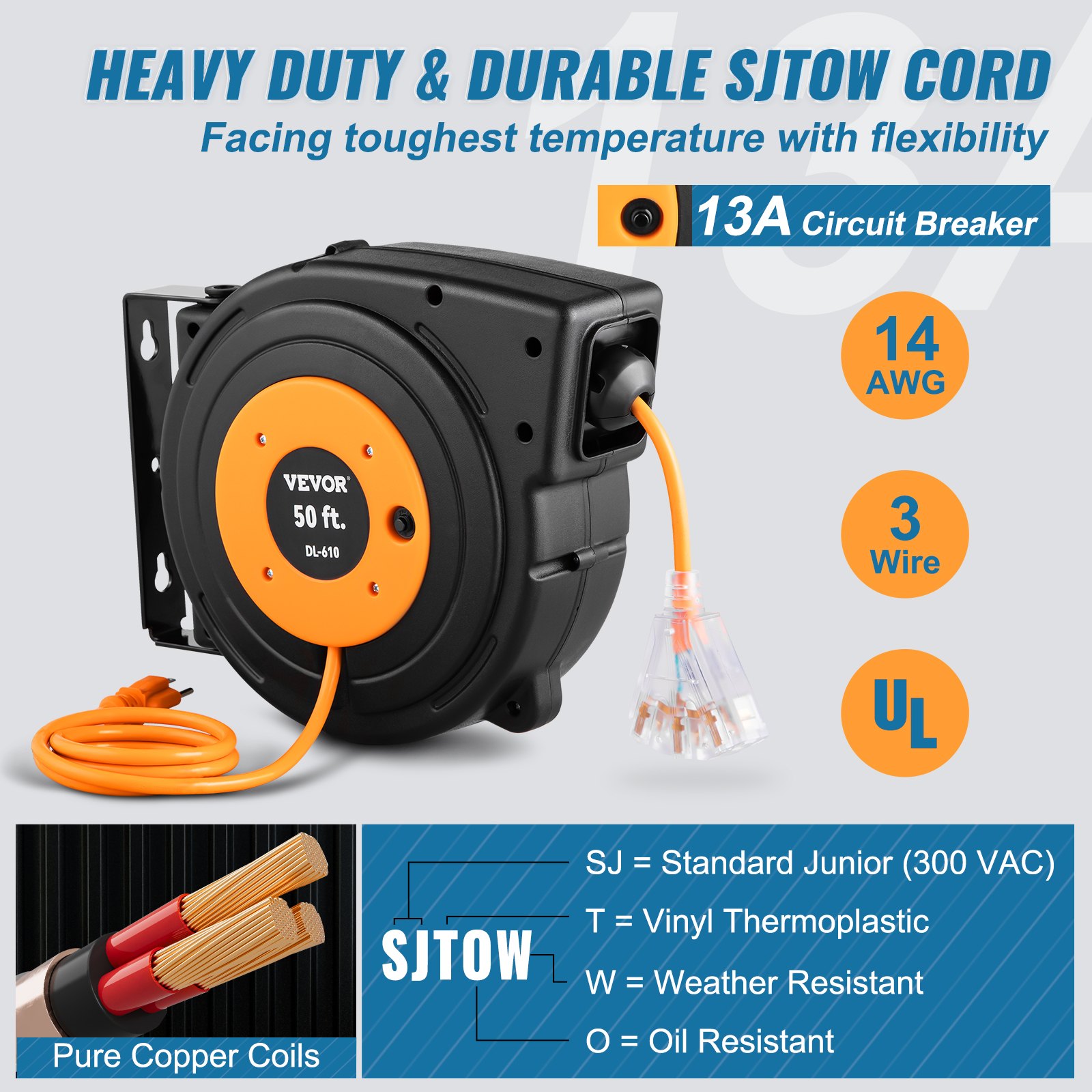 Carrete de extensión retráctil VEVOR, cable de alimentación SJTOW de 14 ...