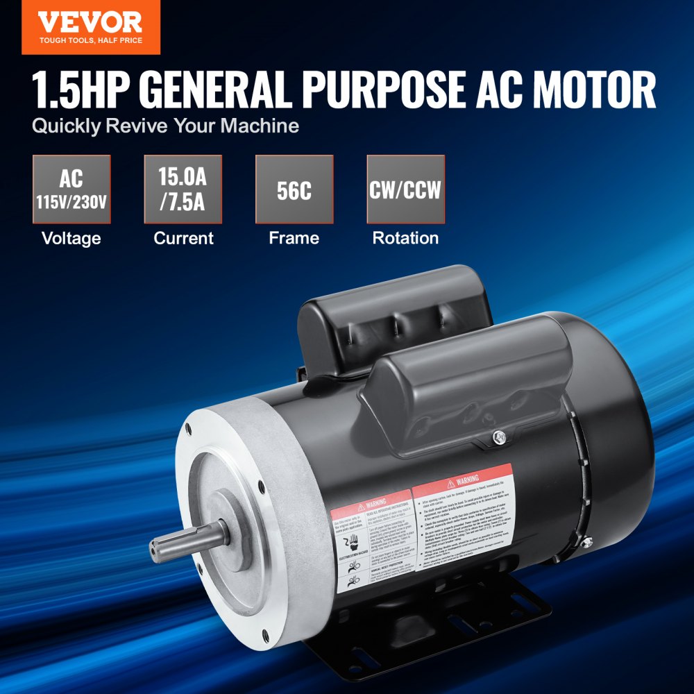 VEVOR Motor eléctrico 1.5HP 3450 rpm, AC 115V/230V, marco 56C, motor ...