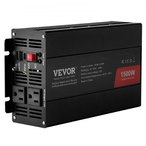 VEVOR Inversor de onda sinusoidal modificada, 1500 W, inversor de corriente CC 12 V a CA 120 V ...