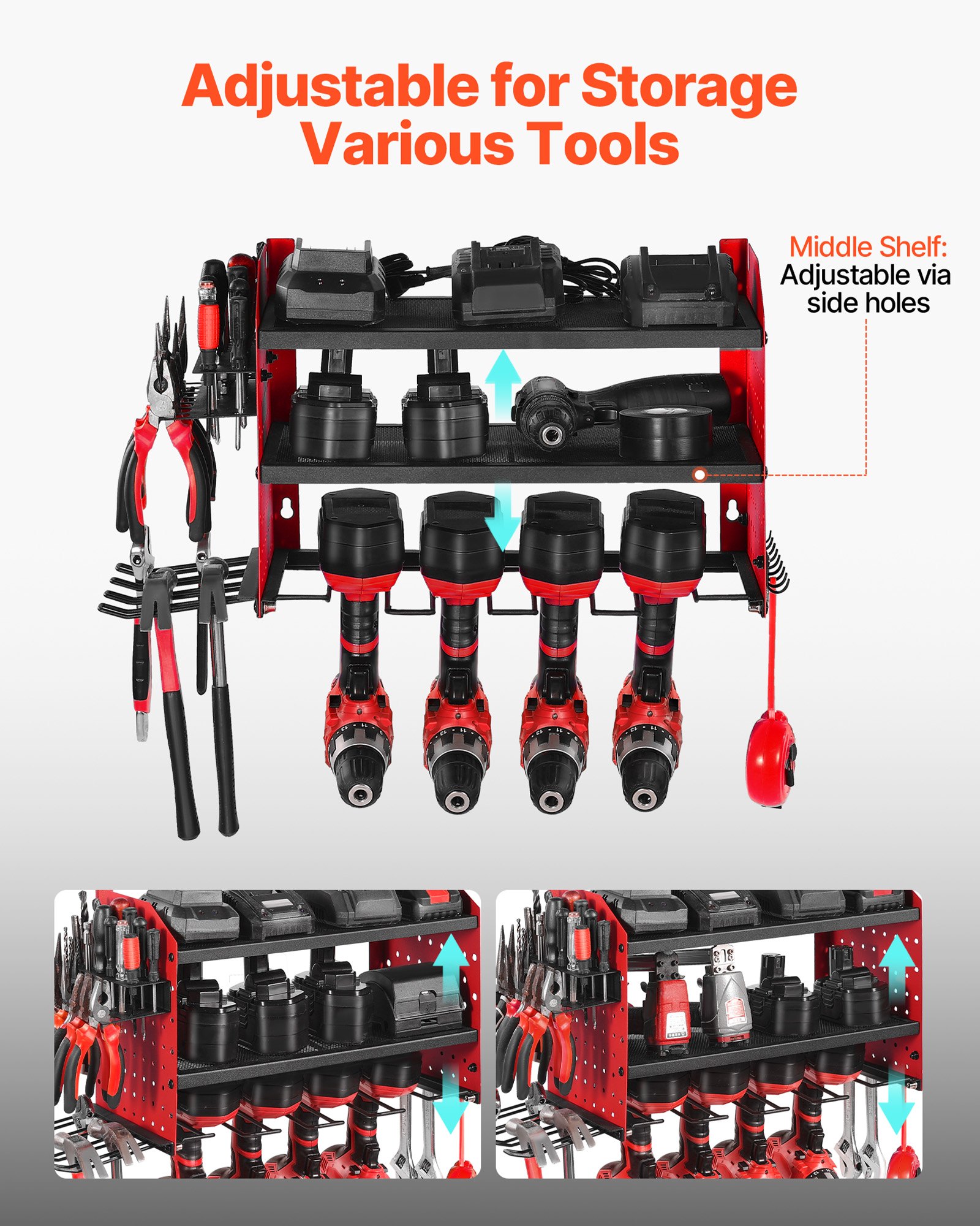 VEVOR Power Tool Organizer Wall Mount, 3-Layer Storage Rack with 4 ...