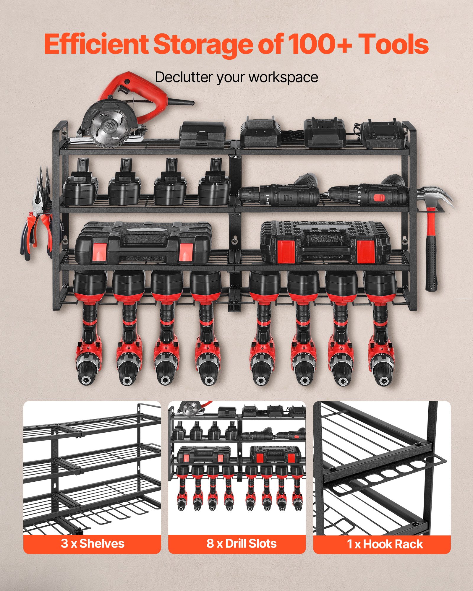 VEVOR Power Tool Organizer Wall Mount, 4-Layer Storage Rack with 8 ...