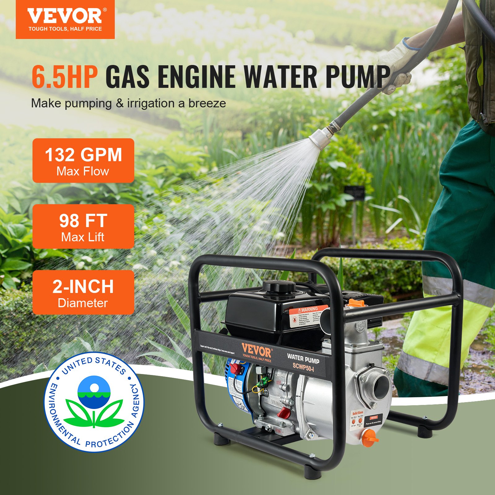 VEVOR Gasoline Engine Water Pump Gas Powered Transfer Pump 2 in 6.5HP 4 ...