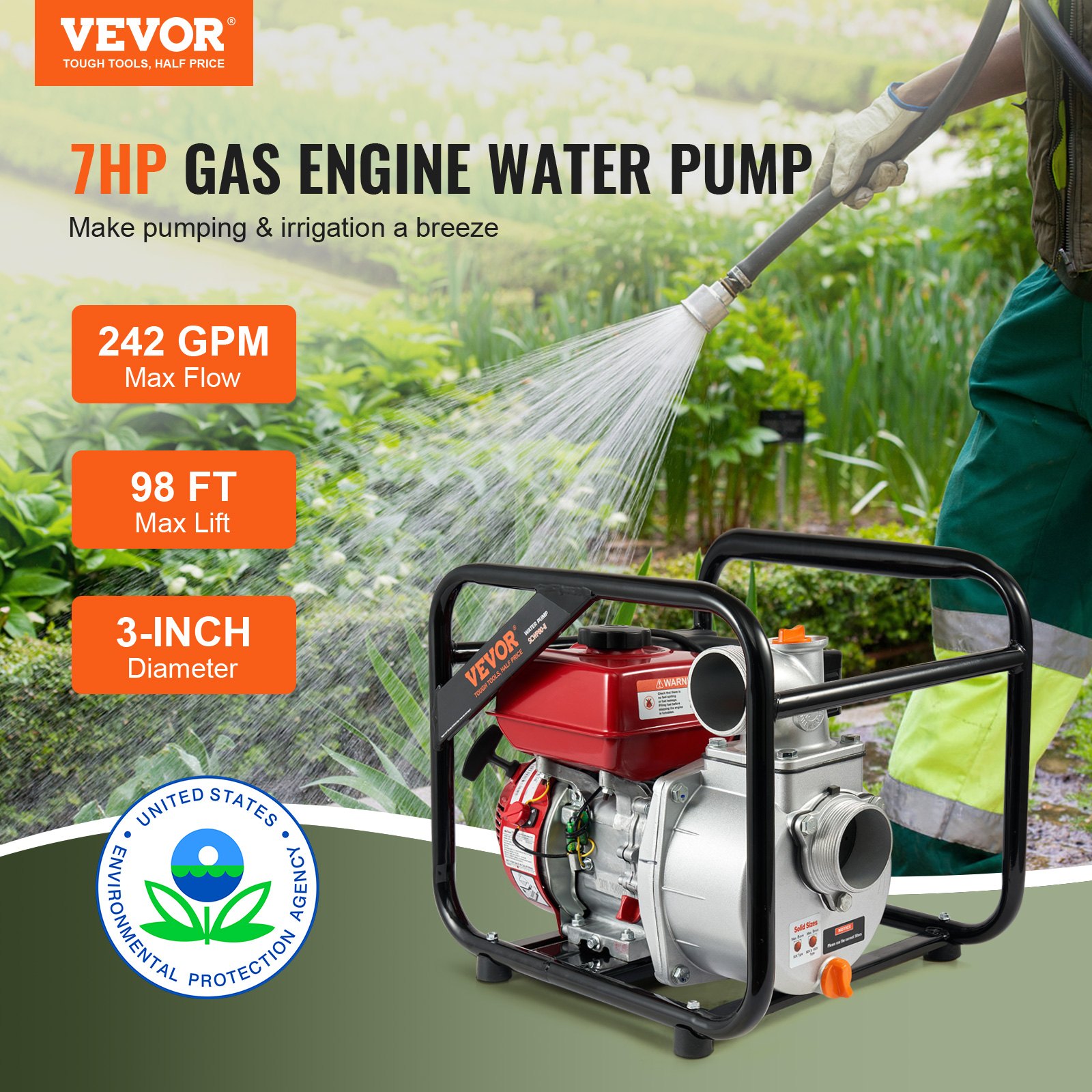 VEVOR Gasoline Engine Water Pump Gas Powered Transfer Pump 80 mm 7HP 4 ...