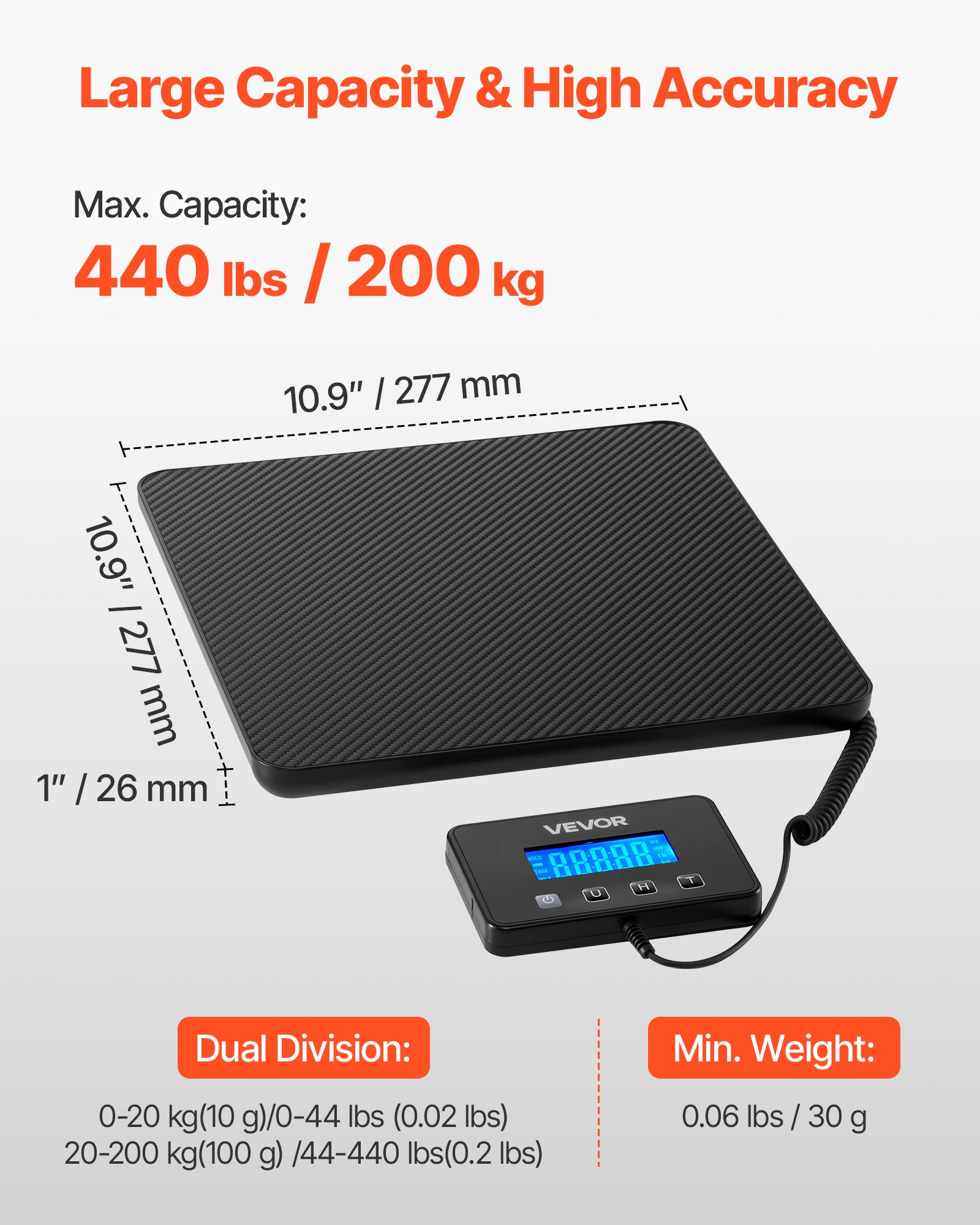 VEVOR Digital Postal Scale, 0.35 oz/3.5 oz Dual Accuracy, 440 lbs ...