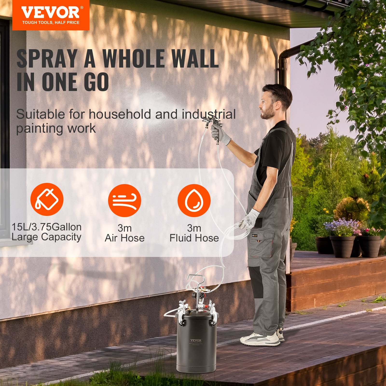 VEVOR Spray Paint Pressure Pot Tank 15L/3.75gal Spray Gun Hoses ...