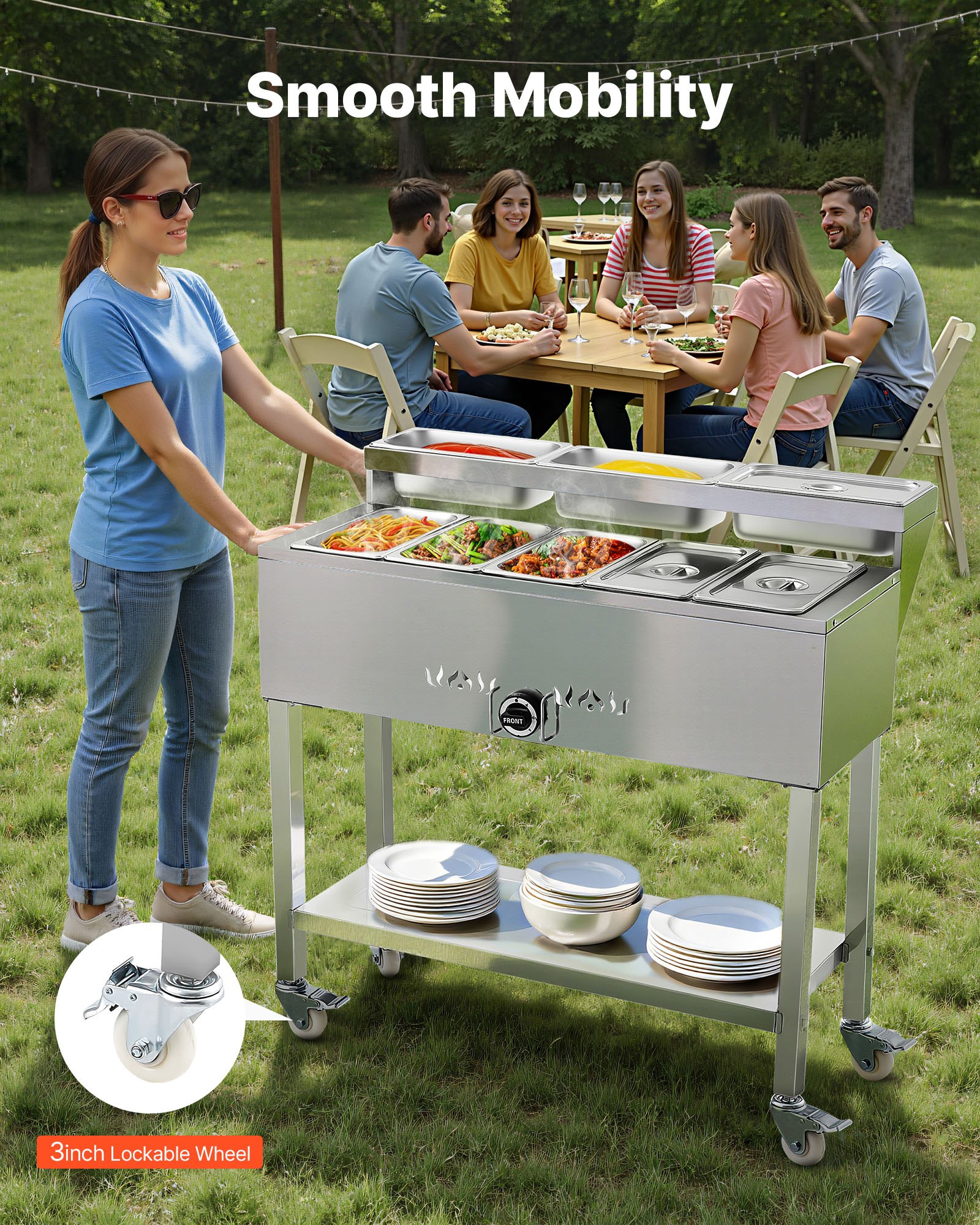 VEVOR Commercial Propane Steam Table, 5 Food Pans & 3 Condiment Pans ...