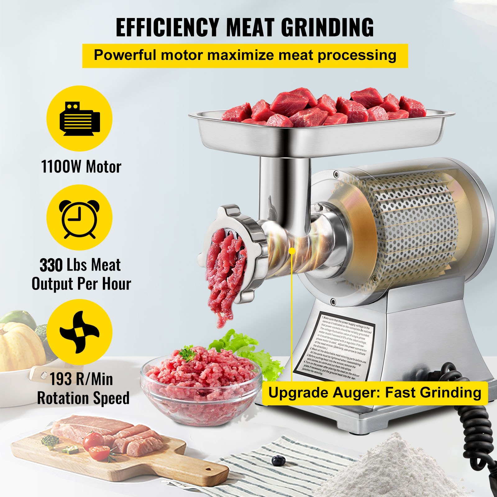 VEVOR 8500W Commercial Stainless Steel 204.1 kg Meat Grinder Cutter ...