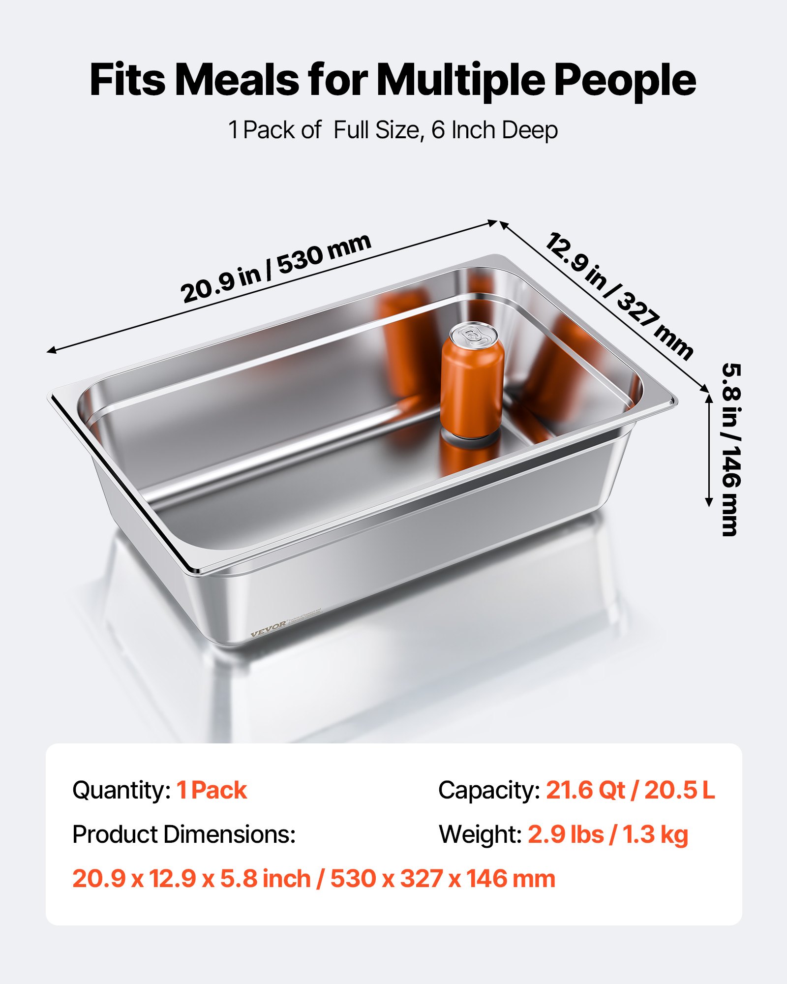 VEVOR Stainless Steel Steam Table Pan – 6" Deep, Full Size