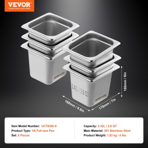 VEVOR 6 Pack Hotel Pans, 1/6 Size Anti-Jam Steam Pan, 0.8mm Thick ...