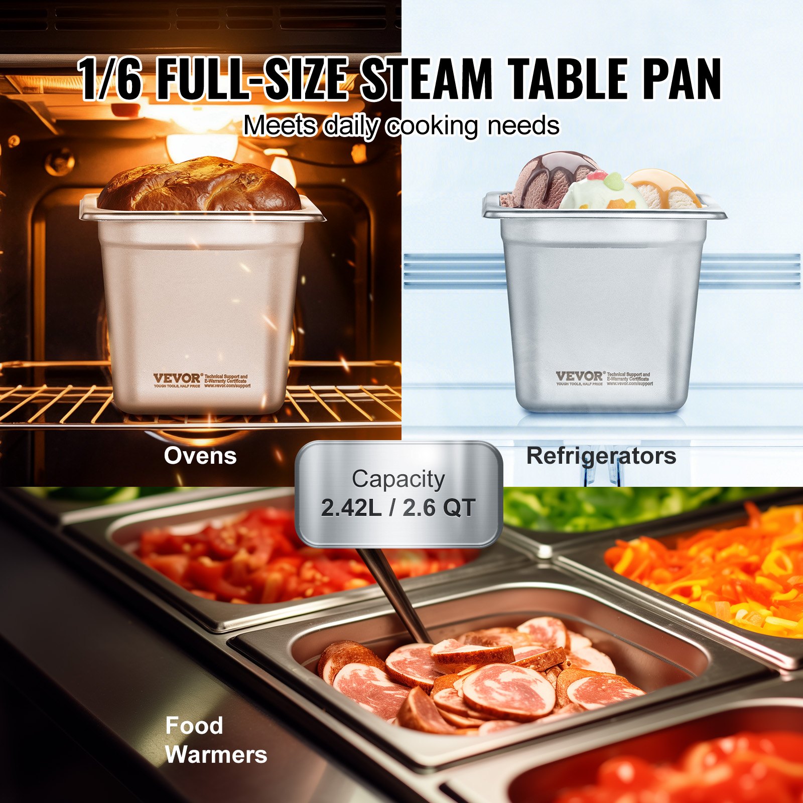 VEVOR 6 Pack Hotel Pans, 1/6 Size Anti-Jam Steam Pan, 0.8mm Thick ...
