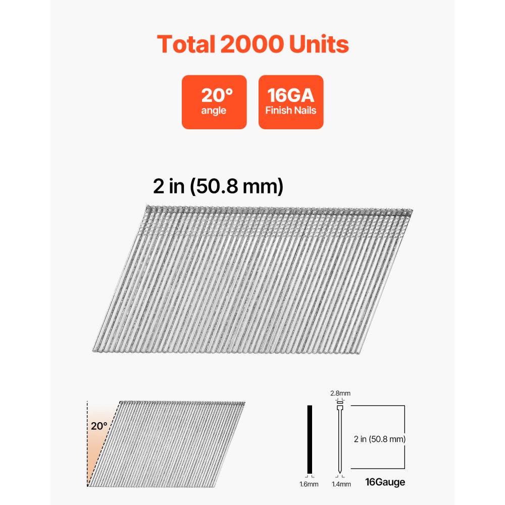 VEVOR 16 GA Angled Nails – 2 in, 2000 Count, 20° Finish