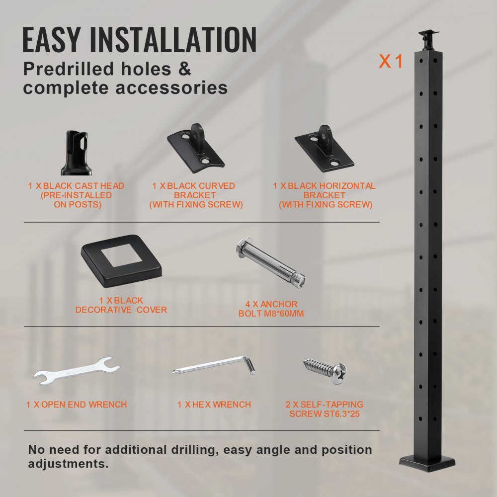 VEVOR Cable Railing Post, 42" x 2" x 2" Steel L-Shaped Hole Corner ...