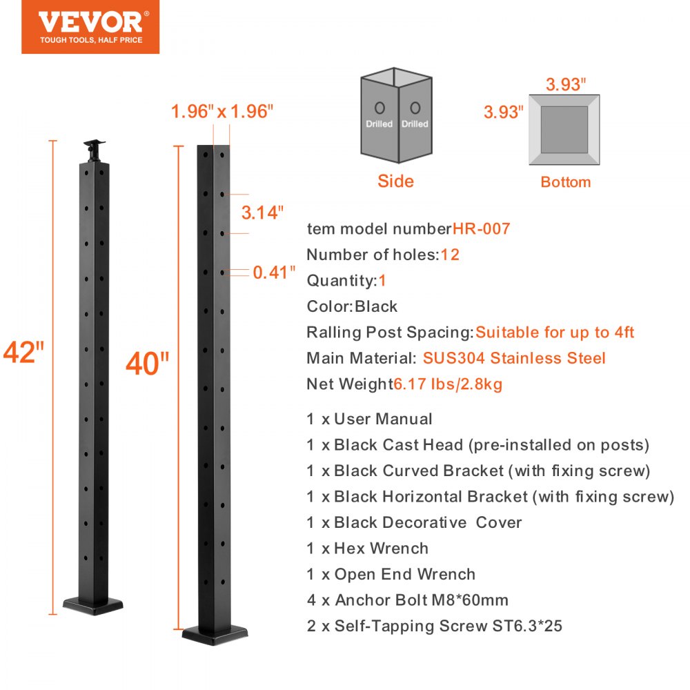 VEVOR Cable Railing Post, 42" x 2" x 2" Steel L-Shaped Hole Corner ...