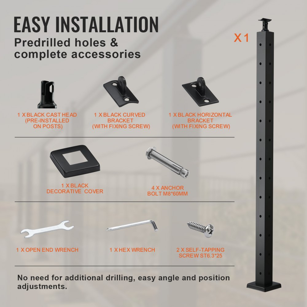 VEVOR Cable Railing Post, 42" x 2" x 2" Steel L-Shaped Hole Corner ...