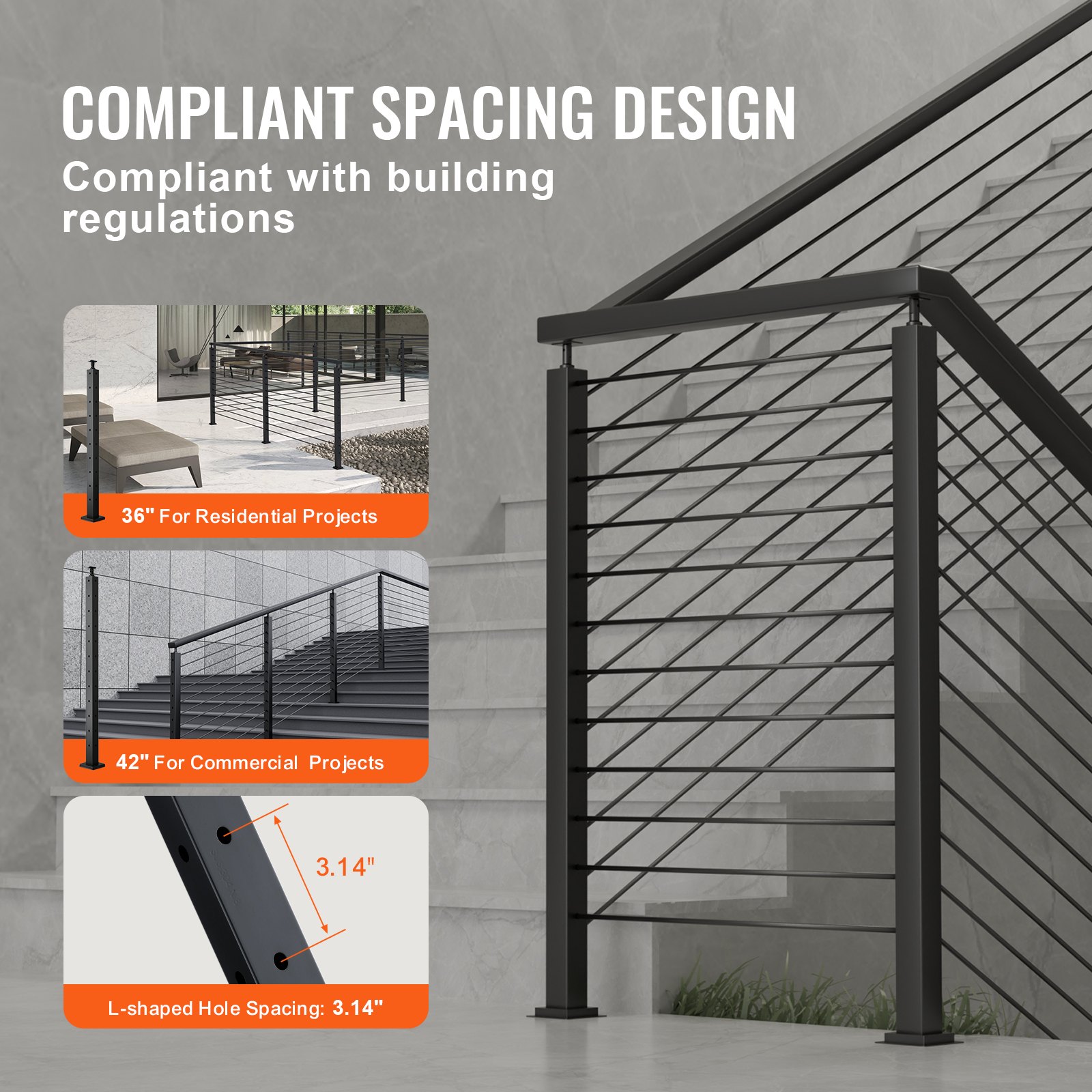 VEVOR Cable Railing Post, 42" x 2" x 2" Steel L-Shaped Hole Corner ...