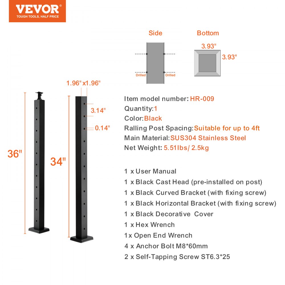 VEVOR Cable Railing Post, 36" x 2" x 2" Steel Horizontal Hole Deck ...