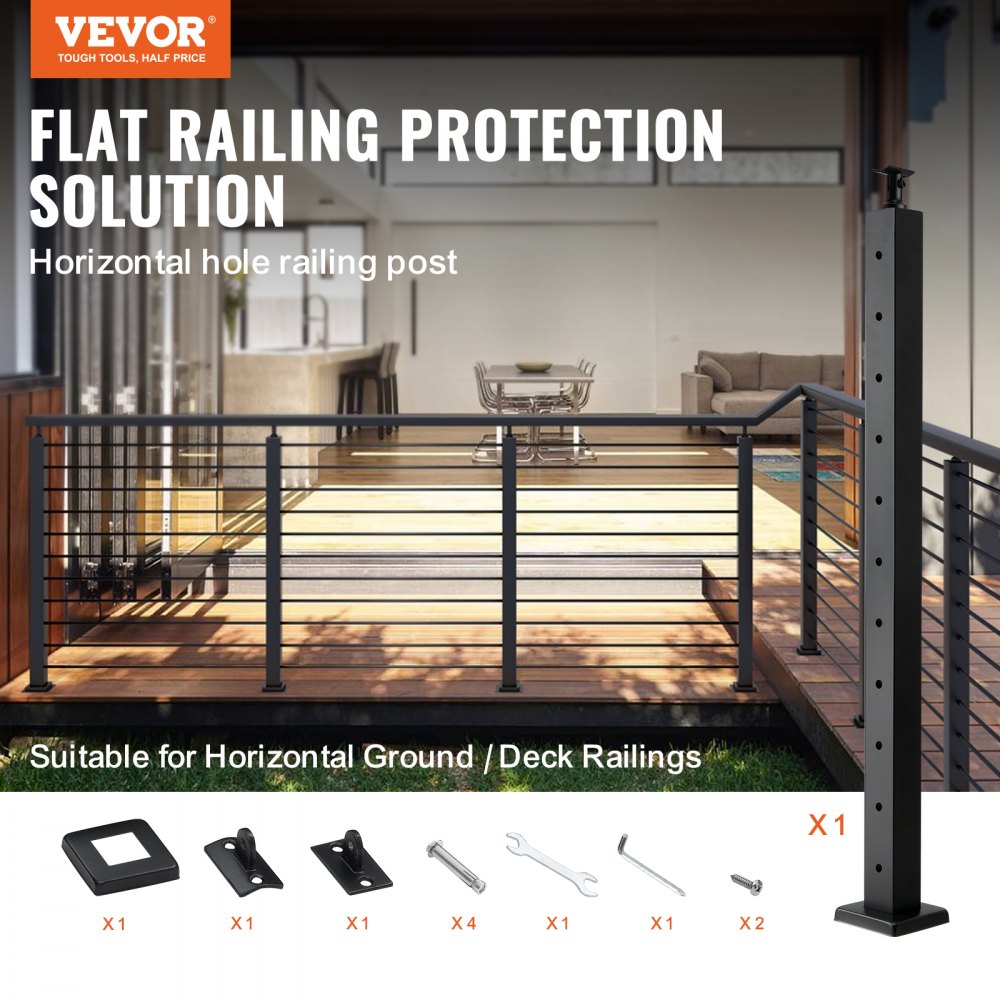 VEVOR Cable Railing Post, 36" x 2" x 2" Steel Horizontal Hole Deck ...