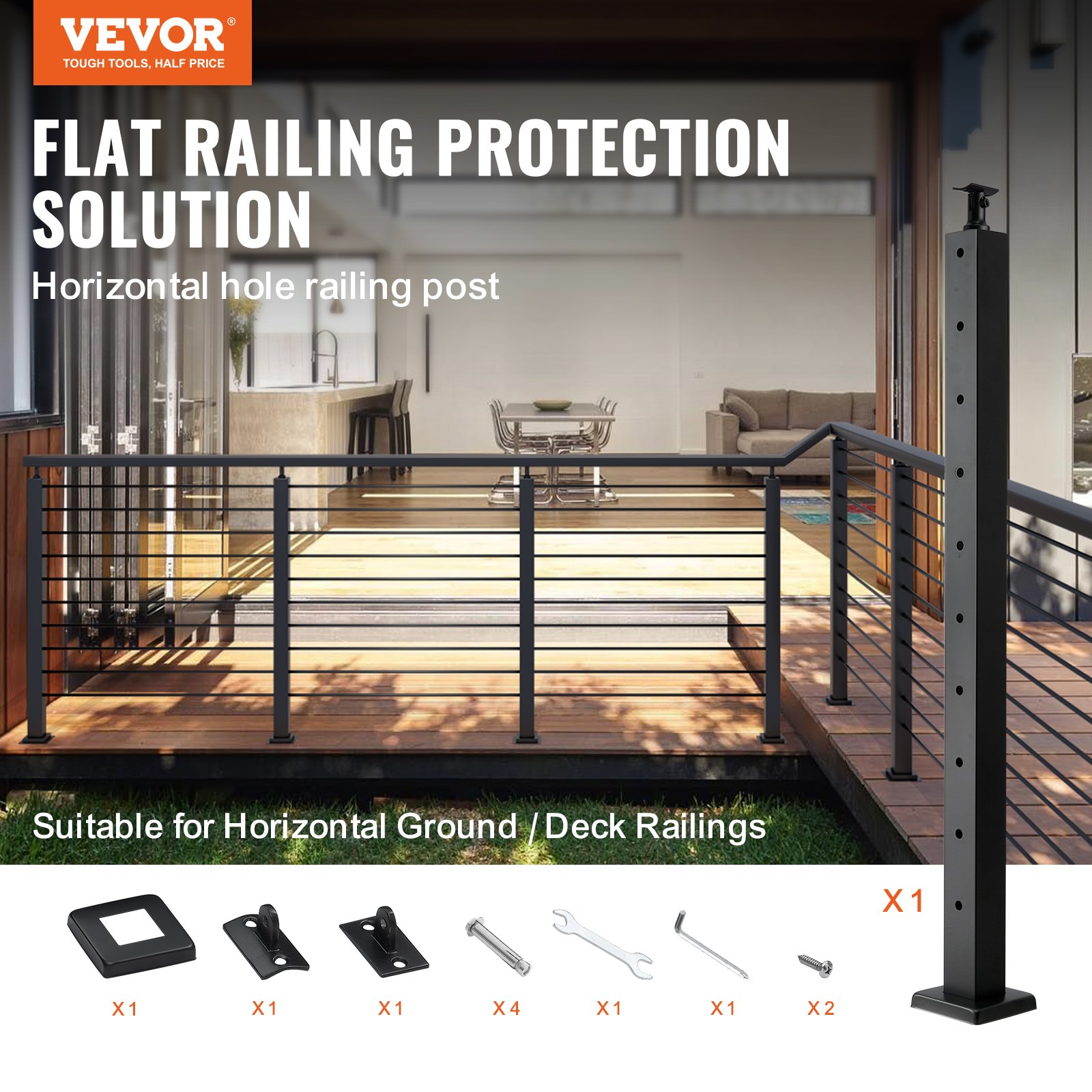 VEVOR Cable Railing Post, 36" x 2" x 2" Steel Horizontal Hole Deck ...