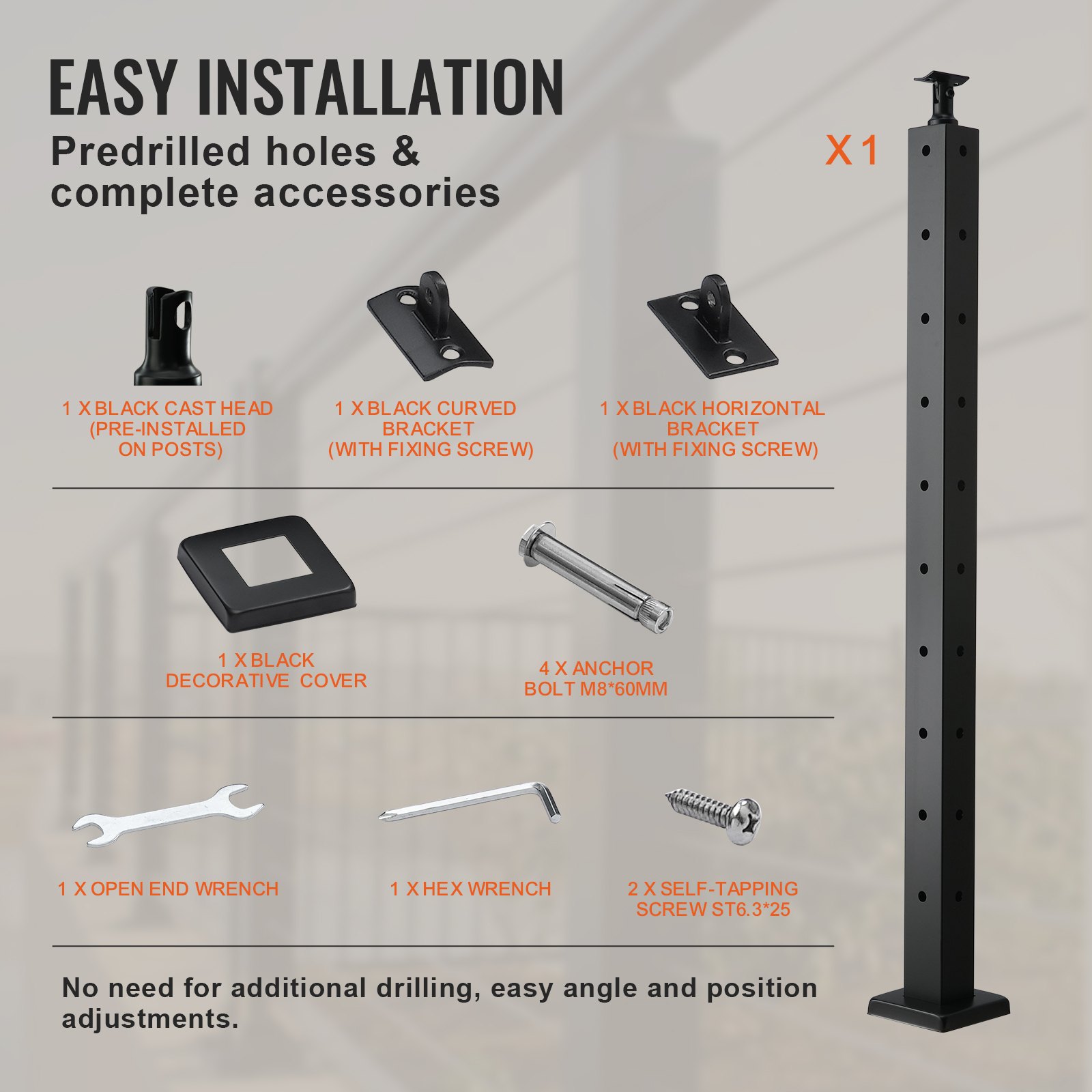 VEVOR Cable Railing Post, 36" x 2" x 2" Steel L-Shaped Hole Corner ...