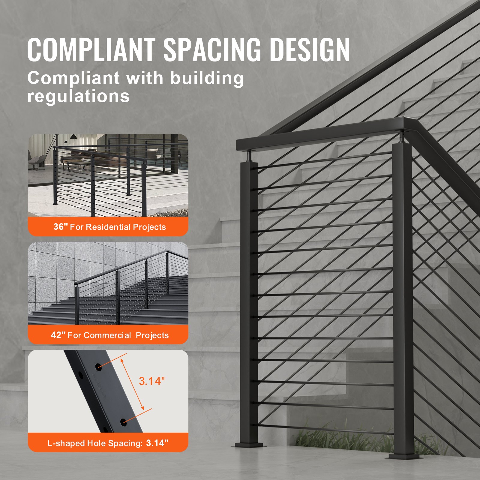 VEVOR Cable Railing Post, 42" x 1" x 2" Steel L-Shaped Hole Corner ...