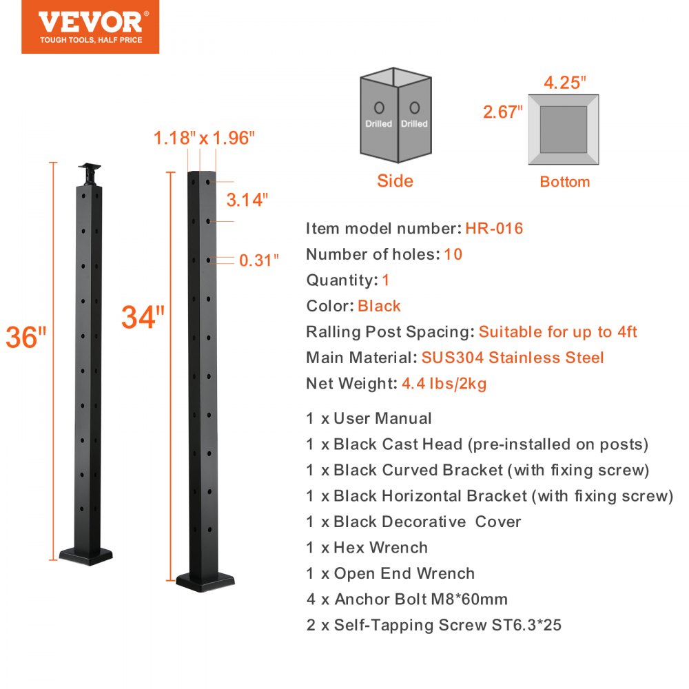 VEVOR Cable Railing Post, 36" x 1" x 2" Steel L-Shaped Hole Corner ...