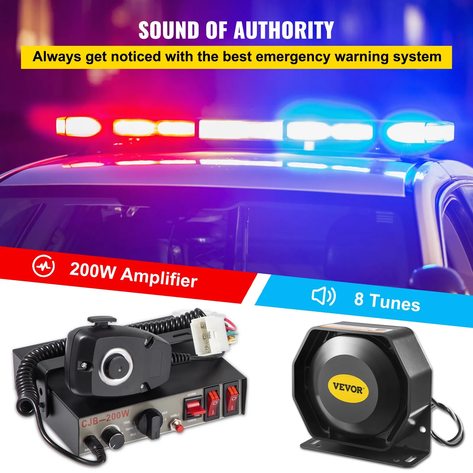 VEVOR 200W Siren Bundle 8 Tones Emergency Warning Siren with PA Speaker ...