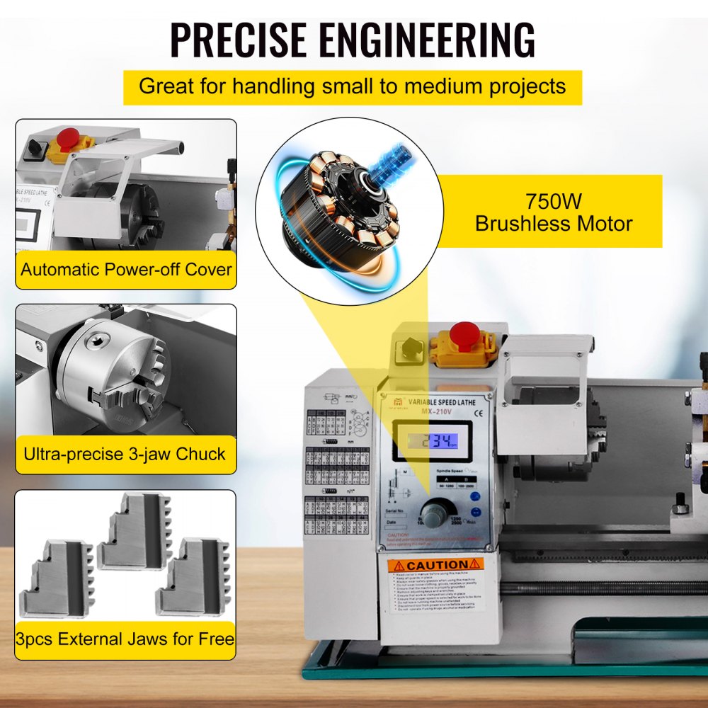 VEVOR Metal Lathe 8x16", Maintenance Free Brushless Motor Precision ...
