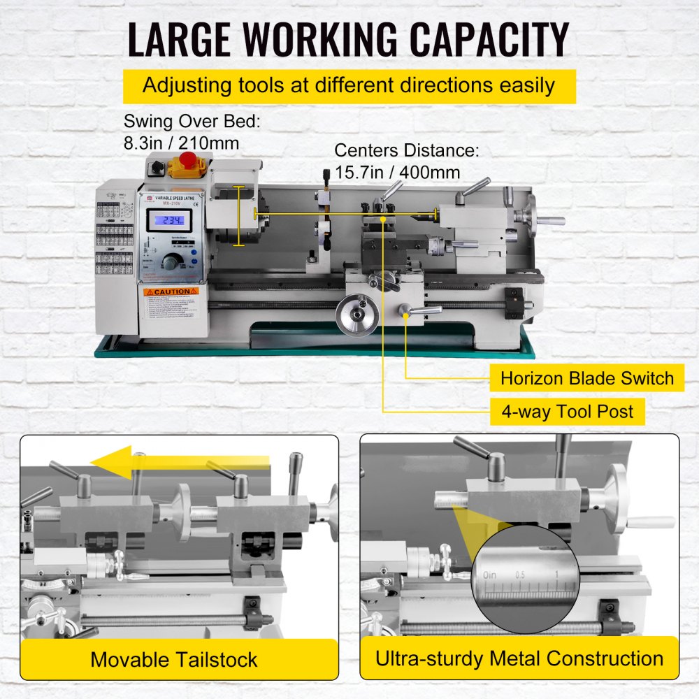 VEVOR Metal Lathe 8x16", Maintenance Free Brushless Motor Precision ...