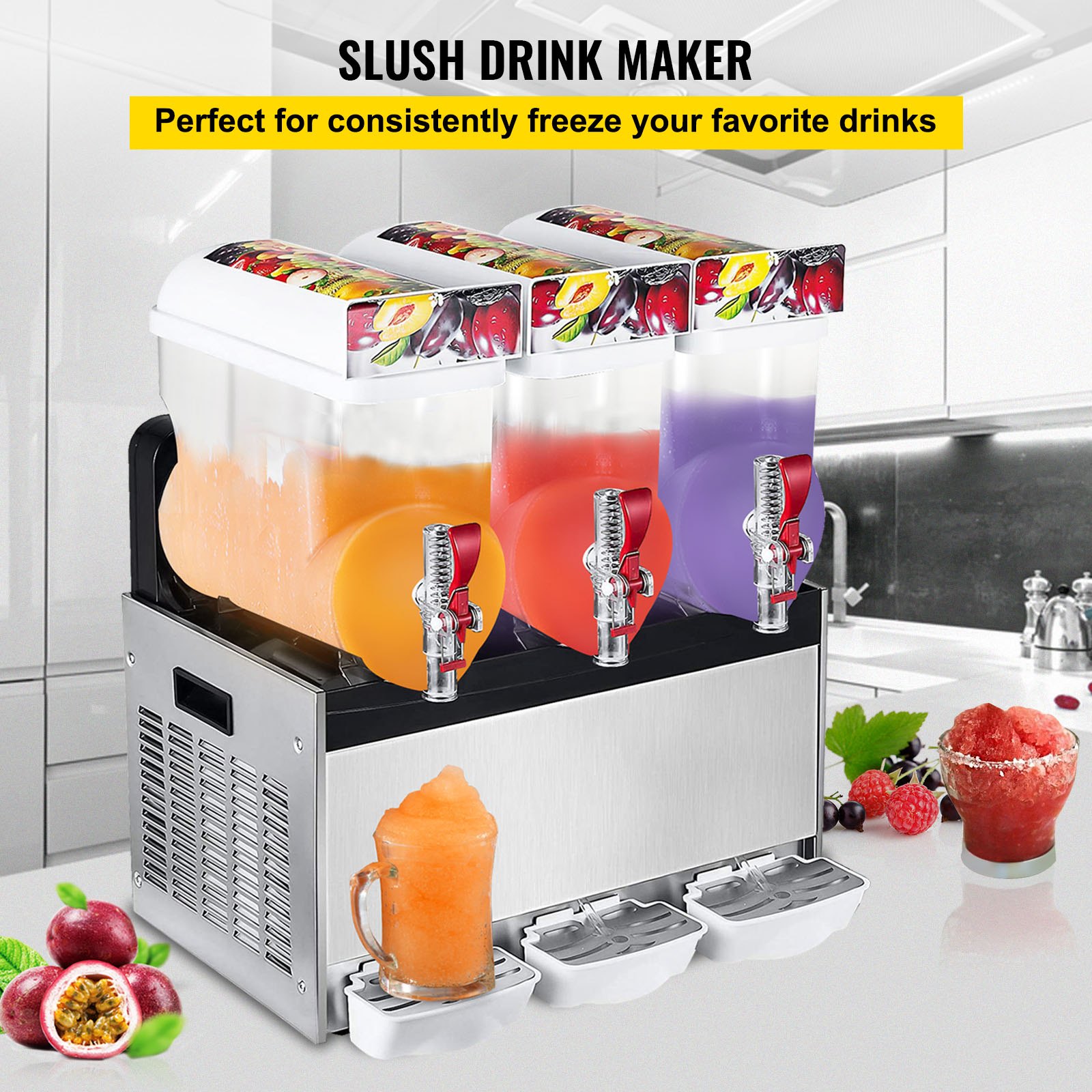 VEVOR Commercial Slushy Machine, 15L x 3 Tank Frozen Drink Machine ...