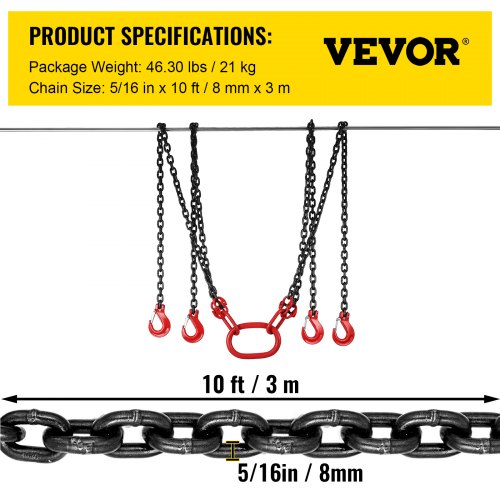 VEVOR Chain Sling, 5/16 inch x 10 ft Lifting Chains with Hooks, G80 ...