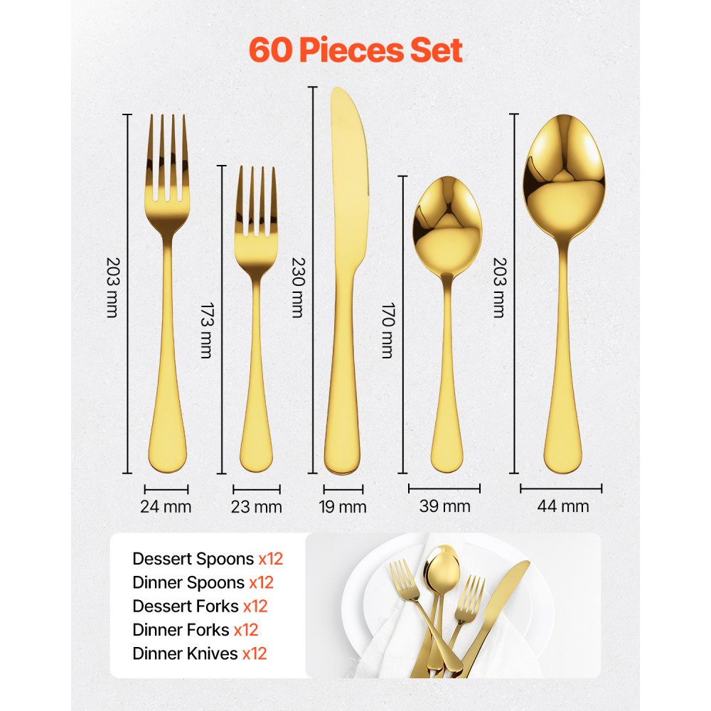 VEVOR 60-Piece Gold Silverware Set, Food-Grade Stainless Steel Flatware ...