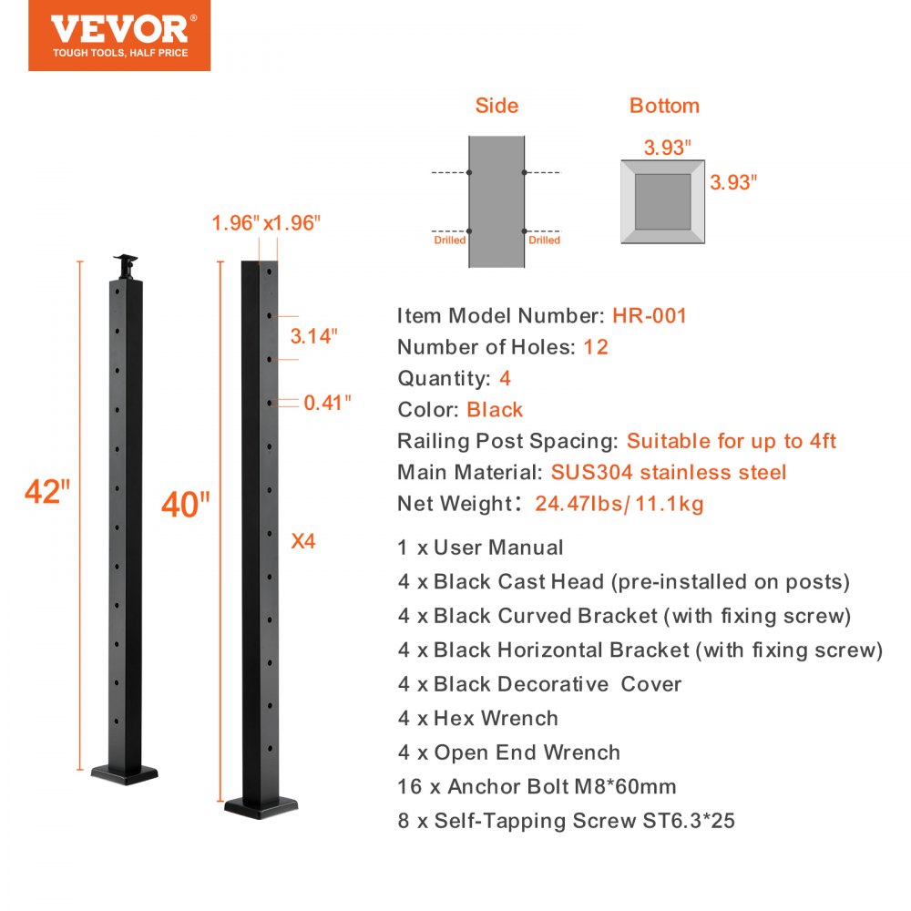 VEVOR 4-Pack Cable Railing Post, 42" x 2" x 2" Steel Horizontal Hole ...