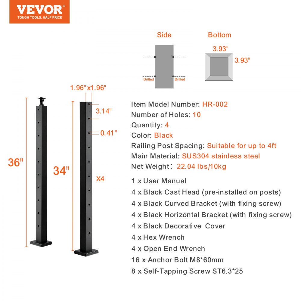 VEVOR 4-Pack Cable Railing Post, 36" x 2" x 2" Steel Horizontal Hole ...