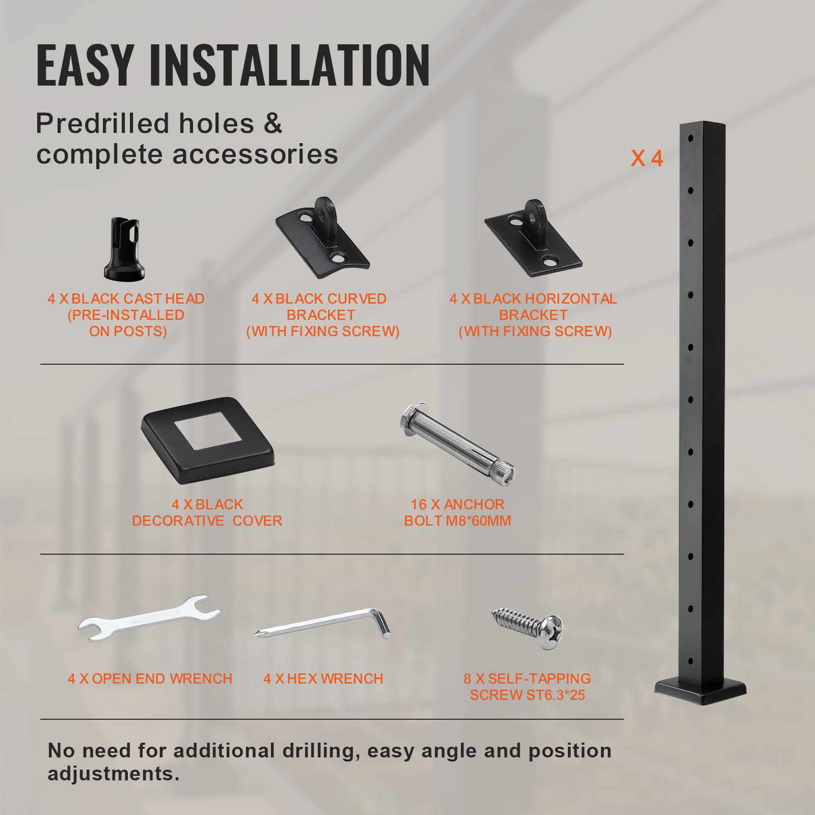 VEVOR 4-Pack Cable Railing Post, 36" x 2" x 2" Steel Horizontal Hole ...