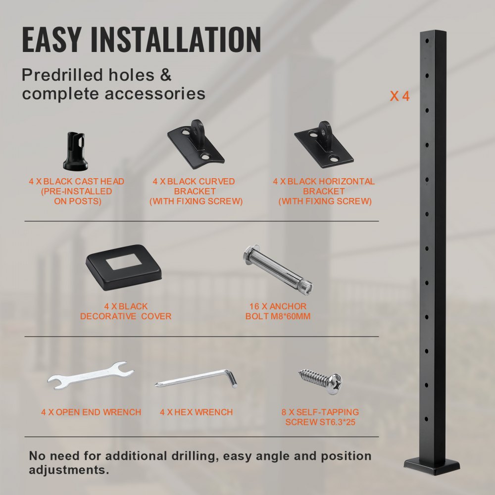 VEVOR 4-Pack Cable Railing Post, 42" x 1" x 2" Steel Horizontal Hole ...