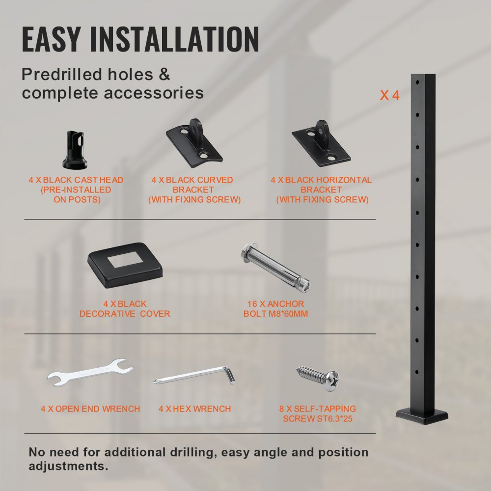 VEVOR 4-Pack Cable Railing Post, 36" x 1" x 2" Steel Horizontal Hole ...