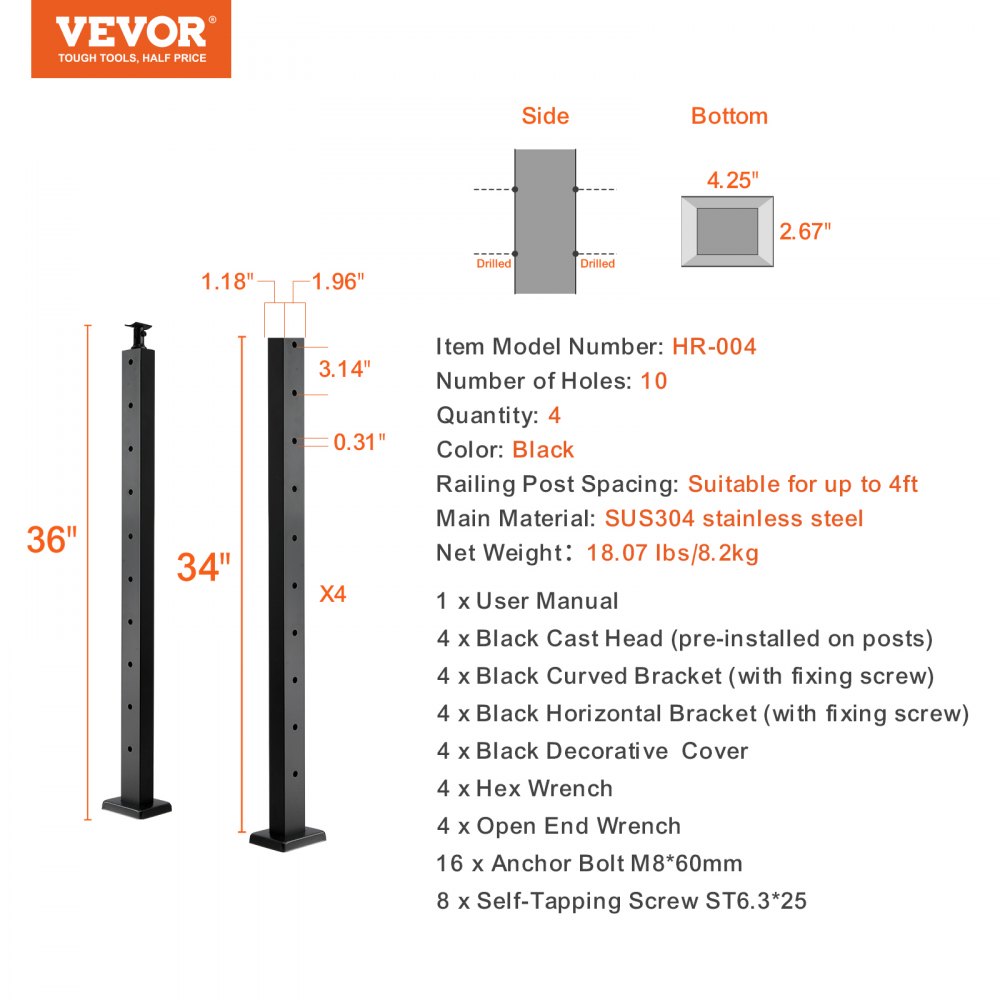 VEVOR 4-Pack Cable Railing Post, 36" x 1" x 2" Steel Horizontal Hole ...