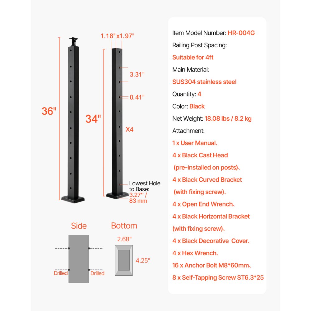 VEVOR 4-Pack Cable Railing Post, 914x25x50 mm Horizontal-Hole Deck ...