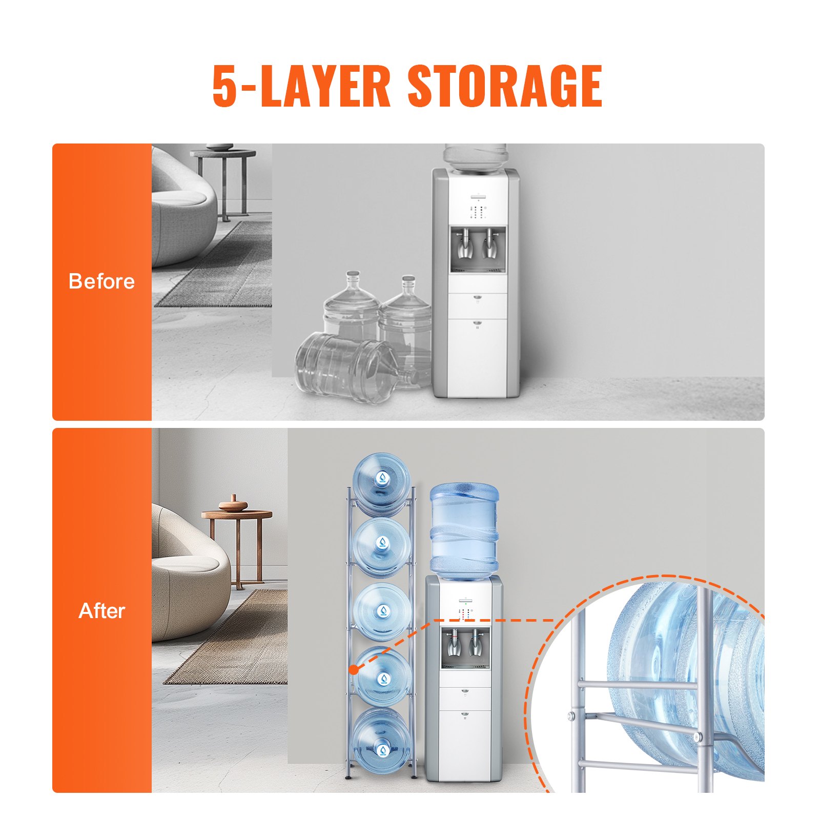 VEVOR 5 Tiers Water Jug Holder Single Row Water Bottle Rack for 5 ...