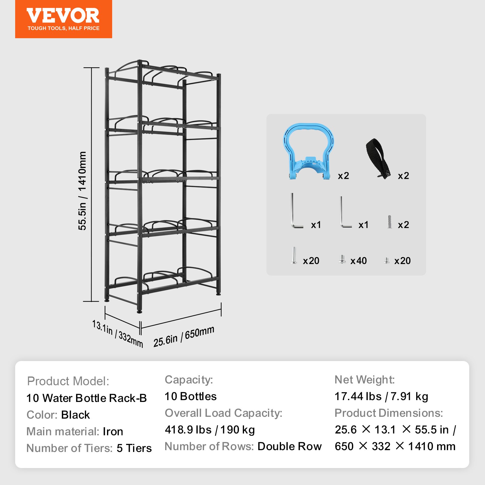 VEVOR 5-Tier Water Jug Holder Double Row Water Bottle Rack for 10 ...