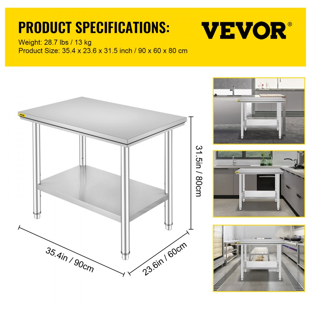 VEVOR Stainless Steel Work Table 24 x 36 x 32 Inch Commercial Kitchen ...