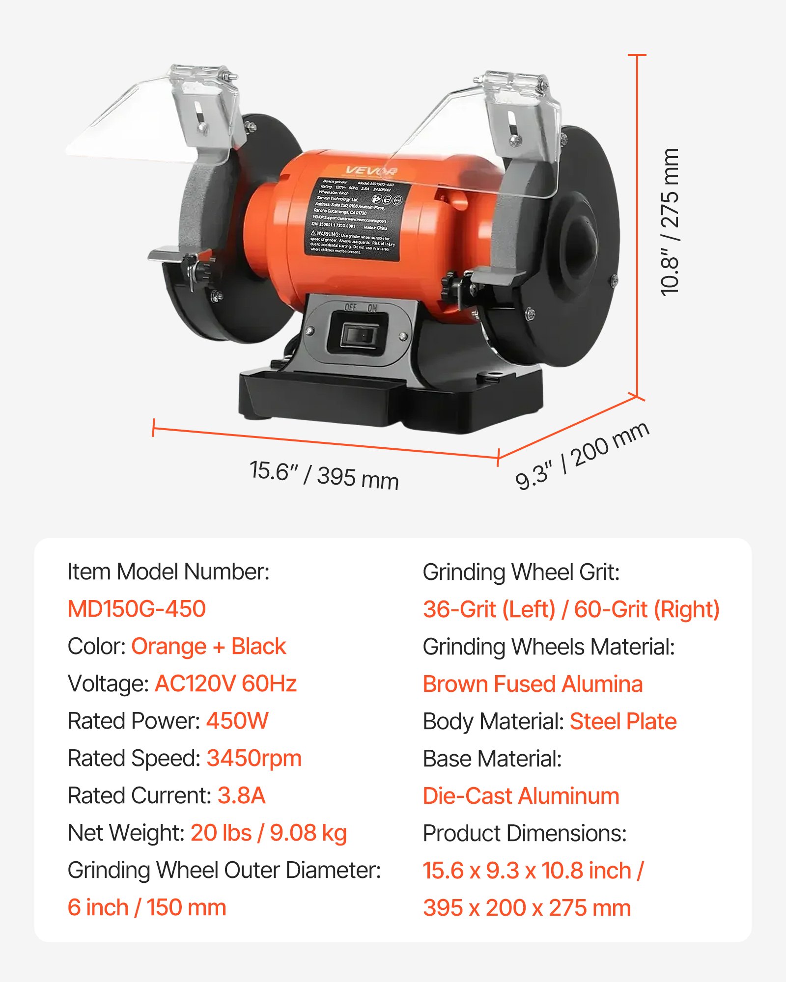 VEVOR 6 Inch Bench Grinder – 450W, 3450RPM Single Speed