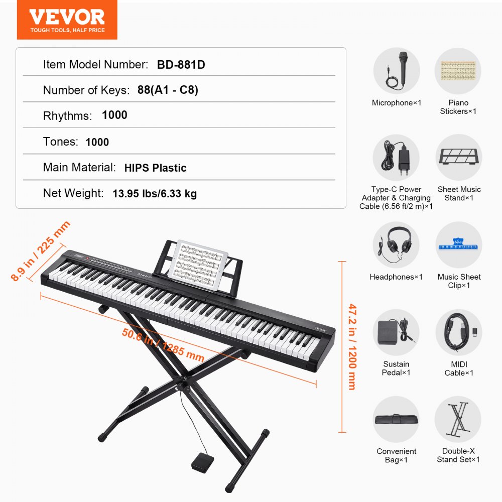 VEVOR 88 Key Digital Piano Keyboard Semi Weighted Electric Portable ...