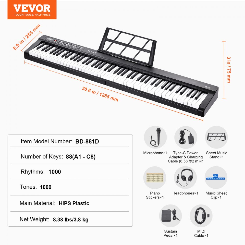 VEVOR 88 Key Digital Piano Keyboard Semi Weighted Full Size Electric ...