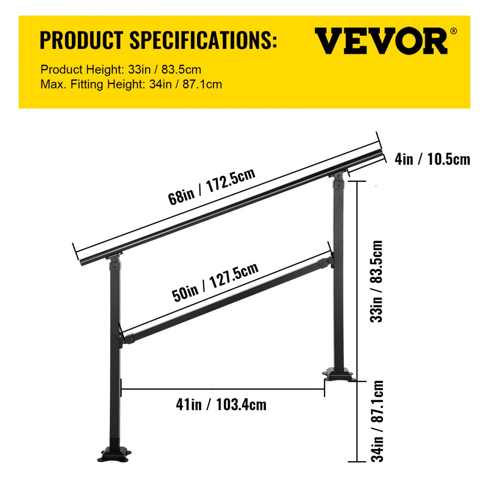 VEVOR VEVOR Iron Handrail Stair Railing Hand Rail Kit Fit for 0-4 Steps ...